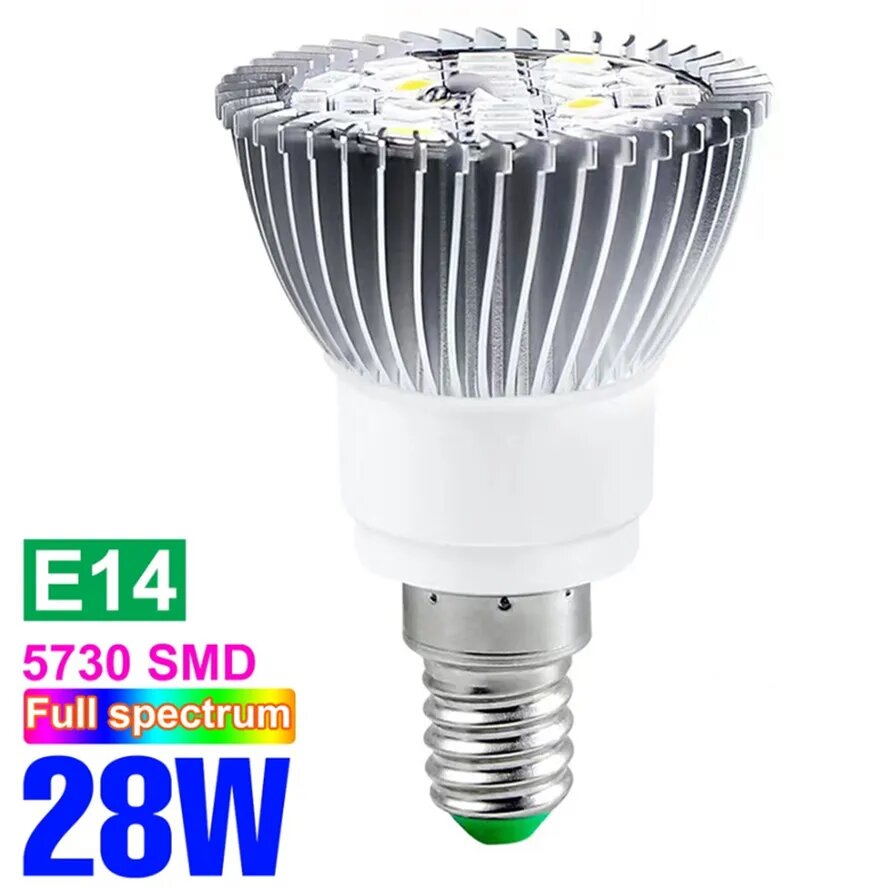 Светодиодная фитолампа RnnTuu, полный спектр, 18-100Вт E14 28W-(85-265V)