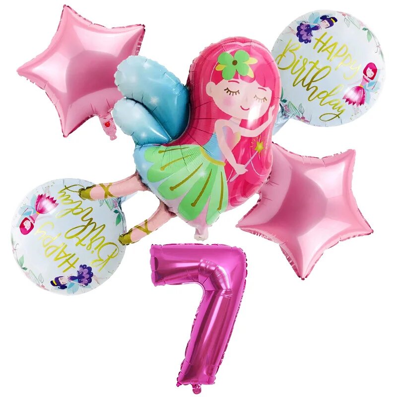 Набор шаров на 7 лет с феей и звездами, розовый