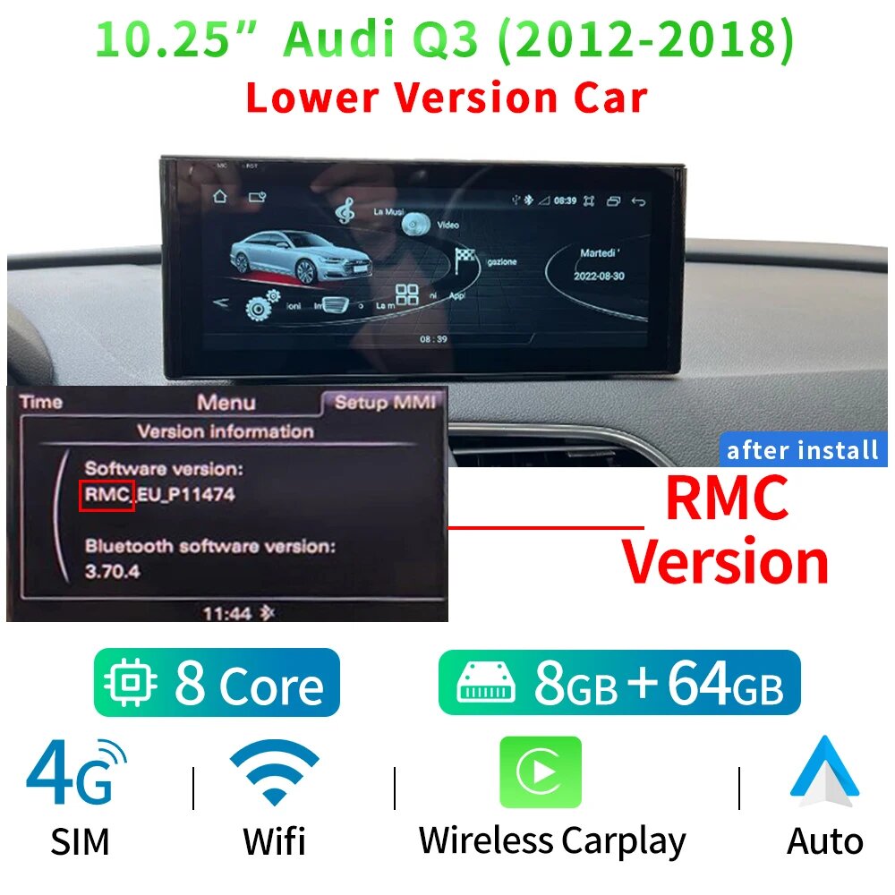 8-ядерная автомобильная мультимедийная стереосистема Android 13 для Audi Q3 Google WIFI 4G SIM 8 + 128 ГБ ОЗУ IPS Сенсорный экран GPS Navi Carplay