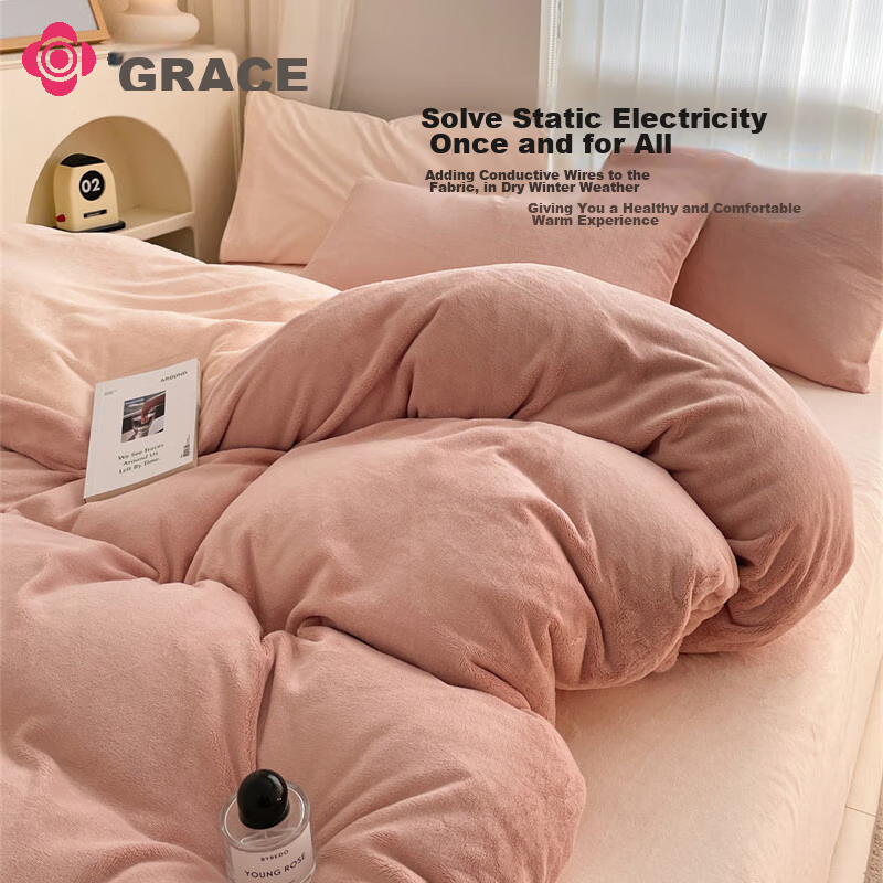 Grace Milk Velvet Three-Piece Set Flannel Student Dormitory Single Duvet Cover 150*200cm - Cocoa Pink + Fragrant Jade