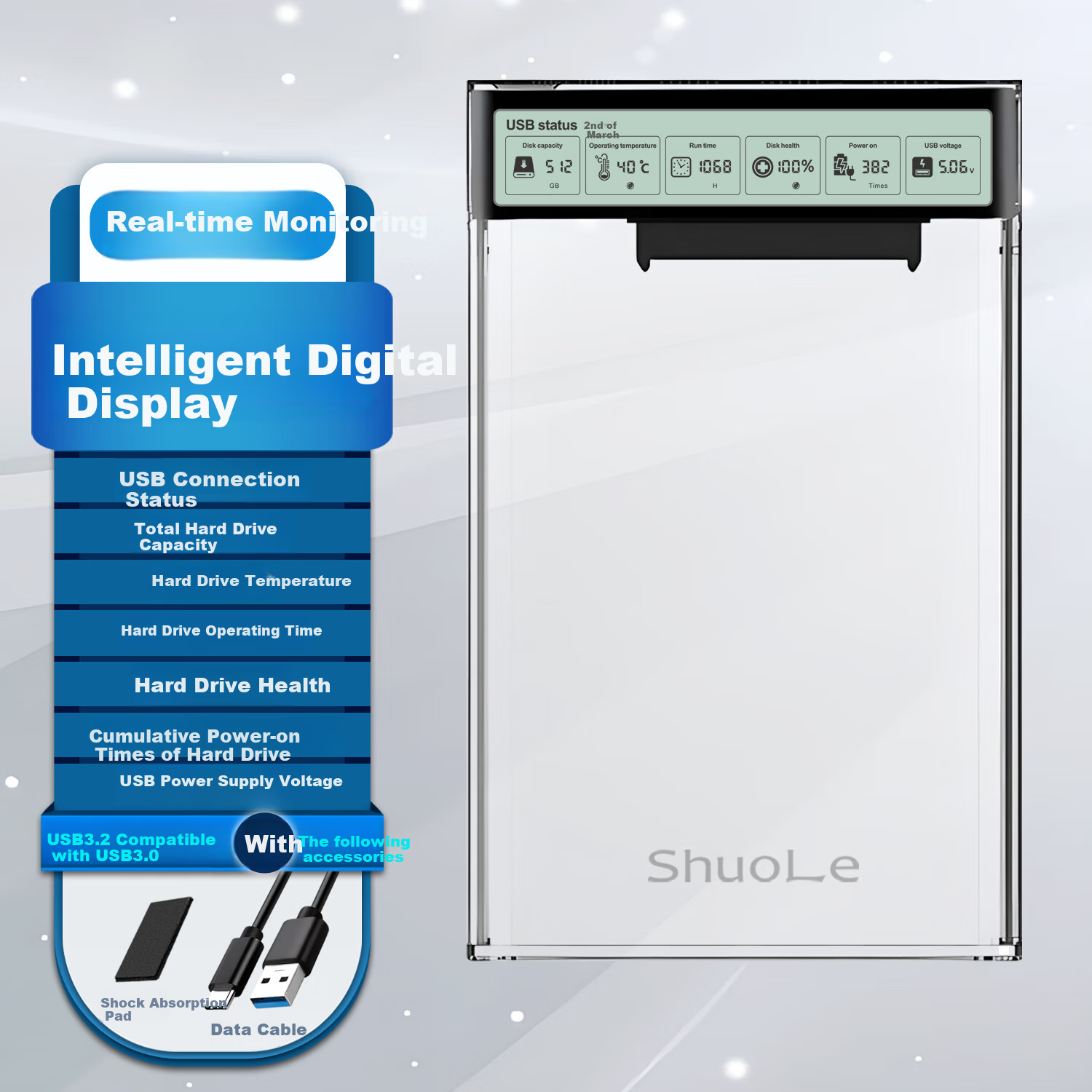 Shuole Smart Digital Display USB3.2 SATA Serial Port 2.5-inch External Hard Drive Enclosure for Laptop Desktop Solid State Mechanical SSD Transparent Hard Drive Case