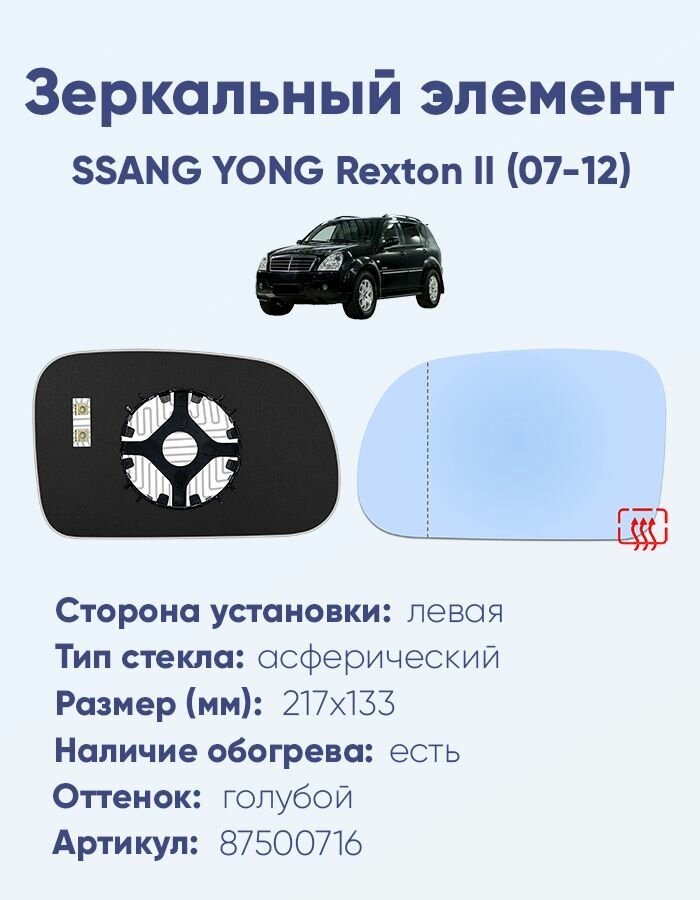 Зеркальный элемент левый SSANG YONG Rexton II (07-12) асферика голубой с обогревом