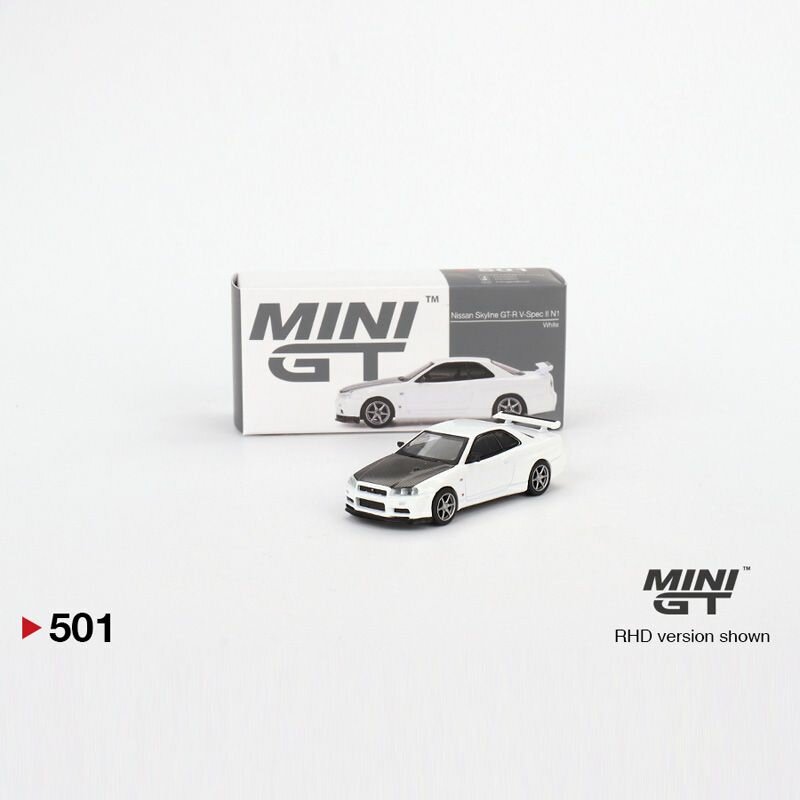 Машинка Mini GT 1:64 #501 Nissan Skyline GT-R (R34) V-Spec II N1 White Die-cast Alloy Car Model Collection Display Toy Gift
