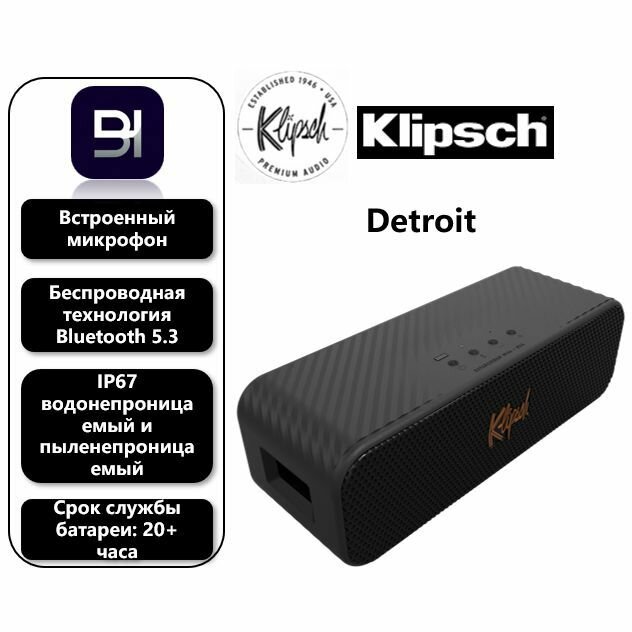 Klipsch Detroit портативный беспроводной Bluetooth домашний уличный водонепроницаемый динамик, серия Urban Music Box большого размера