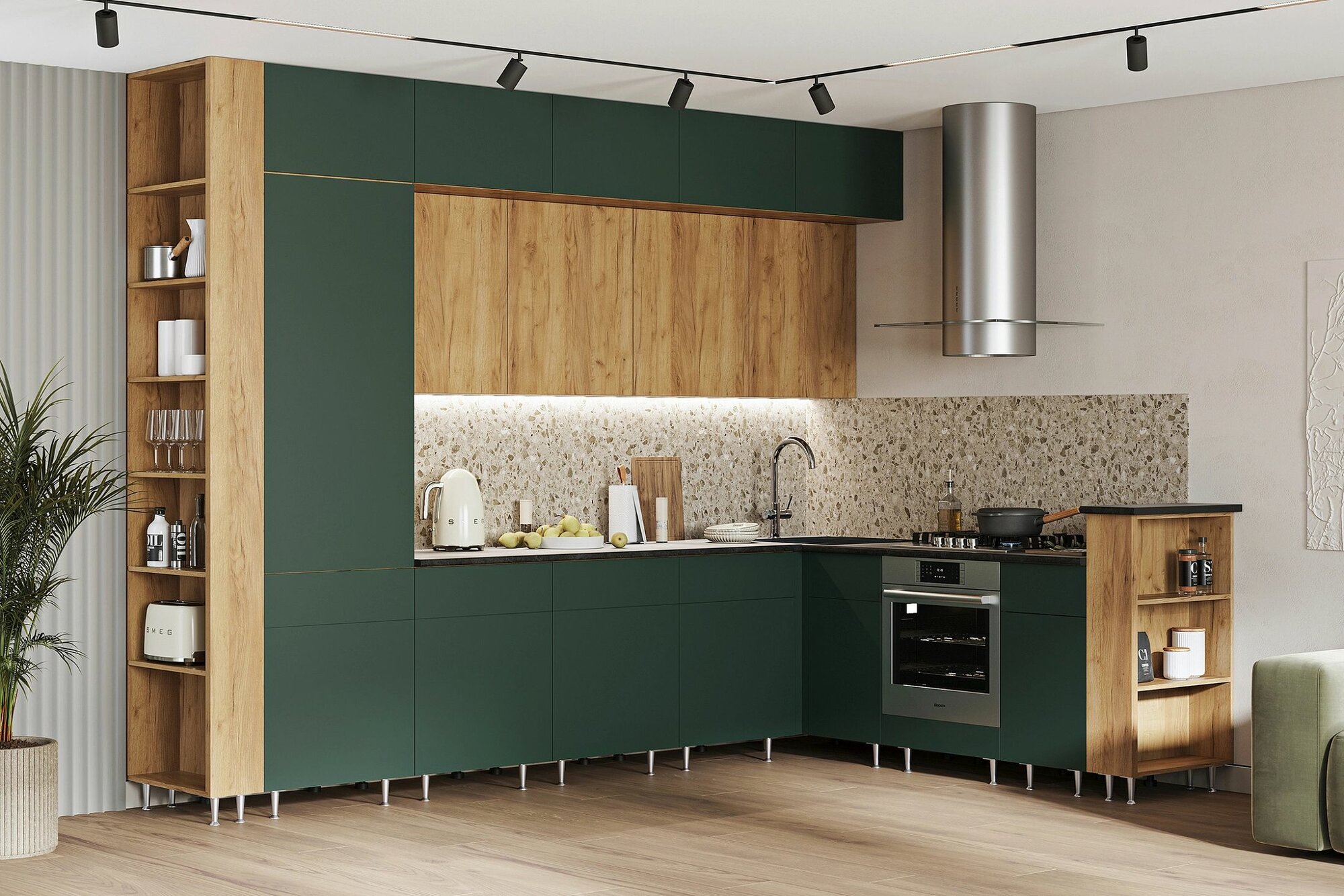 Кухня Техно-5 3,2*2,24м (490) (Дуб Крафт/Браш Мени Грин, Дуб Крафт (Кастилло темный))