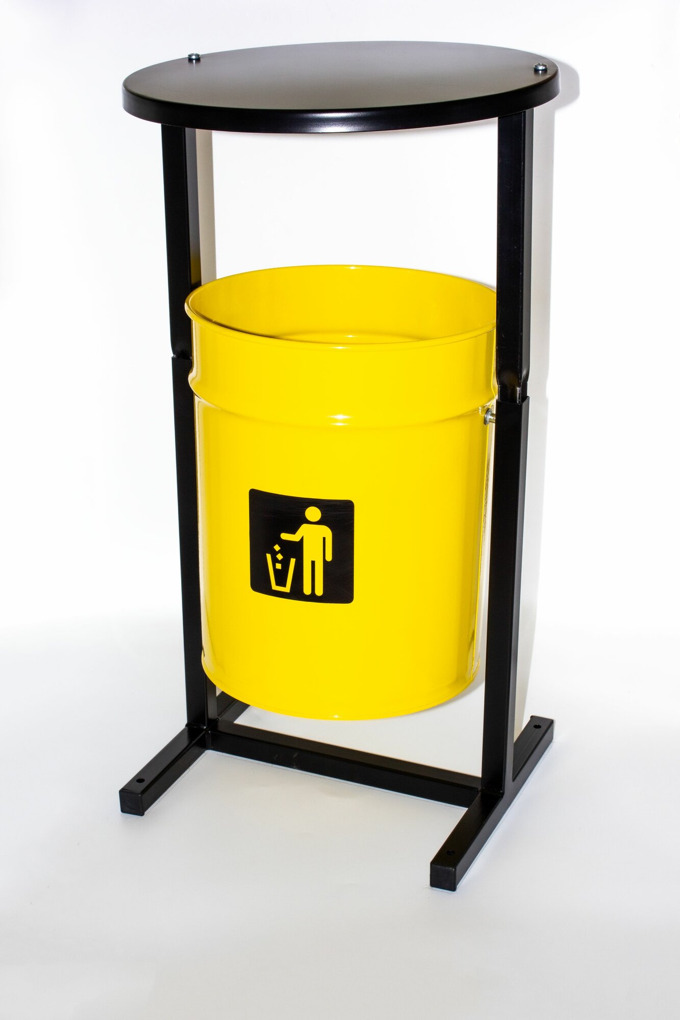Урна Т металлическая уличная круглая с квадратными ножками желтая с крышкой