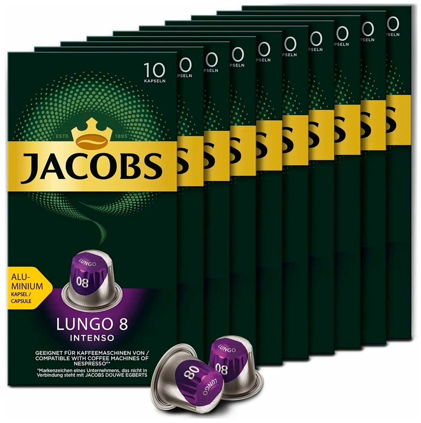 Кофе в алюминиевых капсулах JACOBS "Lungo 8 Intenso" для кофемашин Nespresso, 10 порций, 4057024