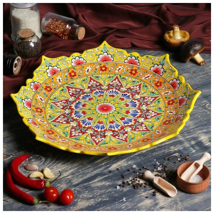 Ляган Риштанская Керамика "Цветы", 42 см, жёлтый, рифлённый