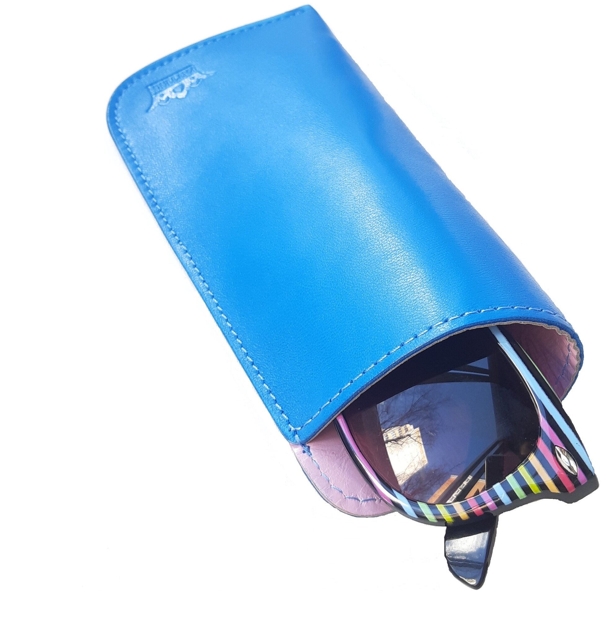 Футляр для очков Pattern Style. Очечник 8*17,5 см из натуральной кожи, цвет голубой, арт.3139