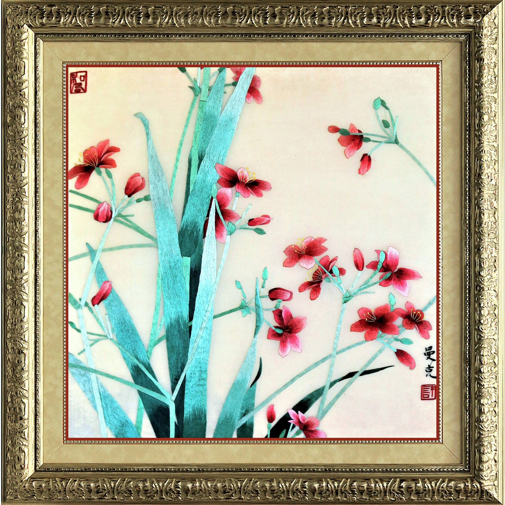 Декоративная настенная картина Живой Шелк Медуница, вышивка шелком ручная с 3Dэффектом/см 50х50х3/багет+паспарту