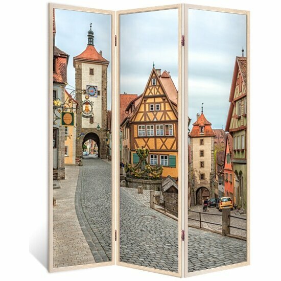 Ширма перегородка Декор Депо для комнаты деревянная "Баварская улочка" двухсторонняя с картинкой (города) 3 створки кремовый дуб 176х140 см 11 кг
