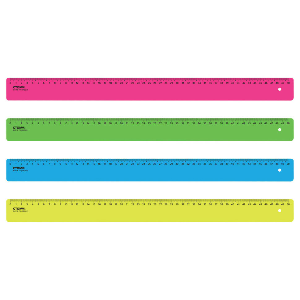 Линейка 50см СТАММ, пластиковая, непрозрачная, неоновые цвета, ассорти, 12 штук, 366449