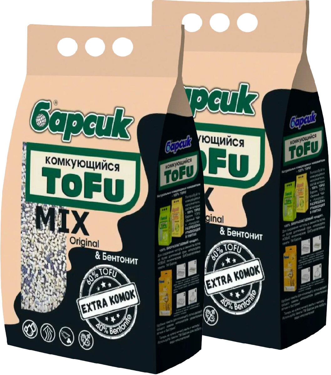 Барсик TOFU MIX ORIGINAL & бентонит наполнитель комкующийся для туалета кошек 4,54 + 4,54 л