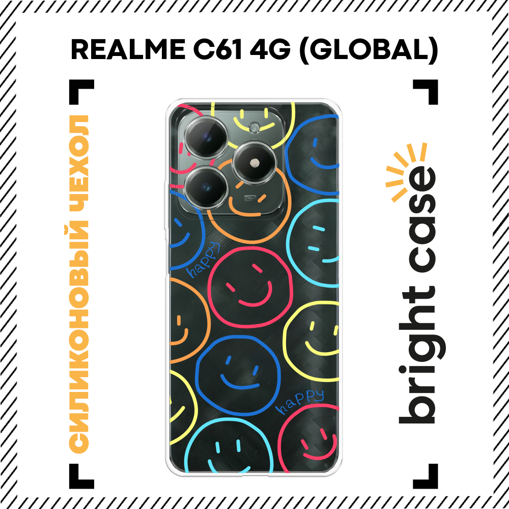 Чехол на Realme C61 4G (Global) / Реалми С61 4G с принтом Смайлы, прозрачный