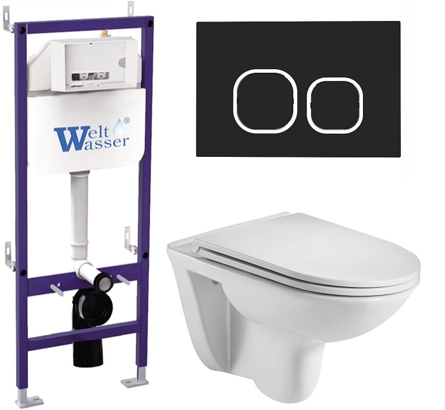 Унитаз подвесной WeltWasser BAMBERG 460+BAARBACH 004 GL-WT+BAMBERG BL белый глянцевый, безободковый, с крышкой микролифт, с инсталляцией и черной кнопкой