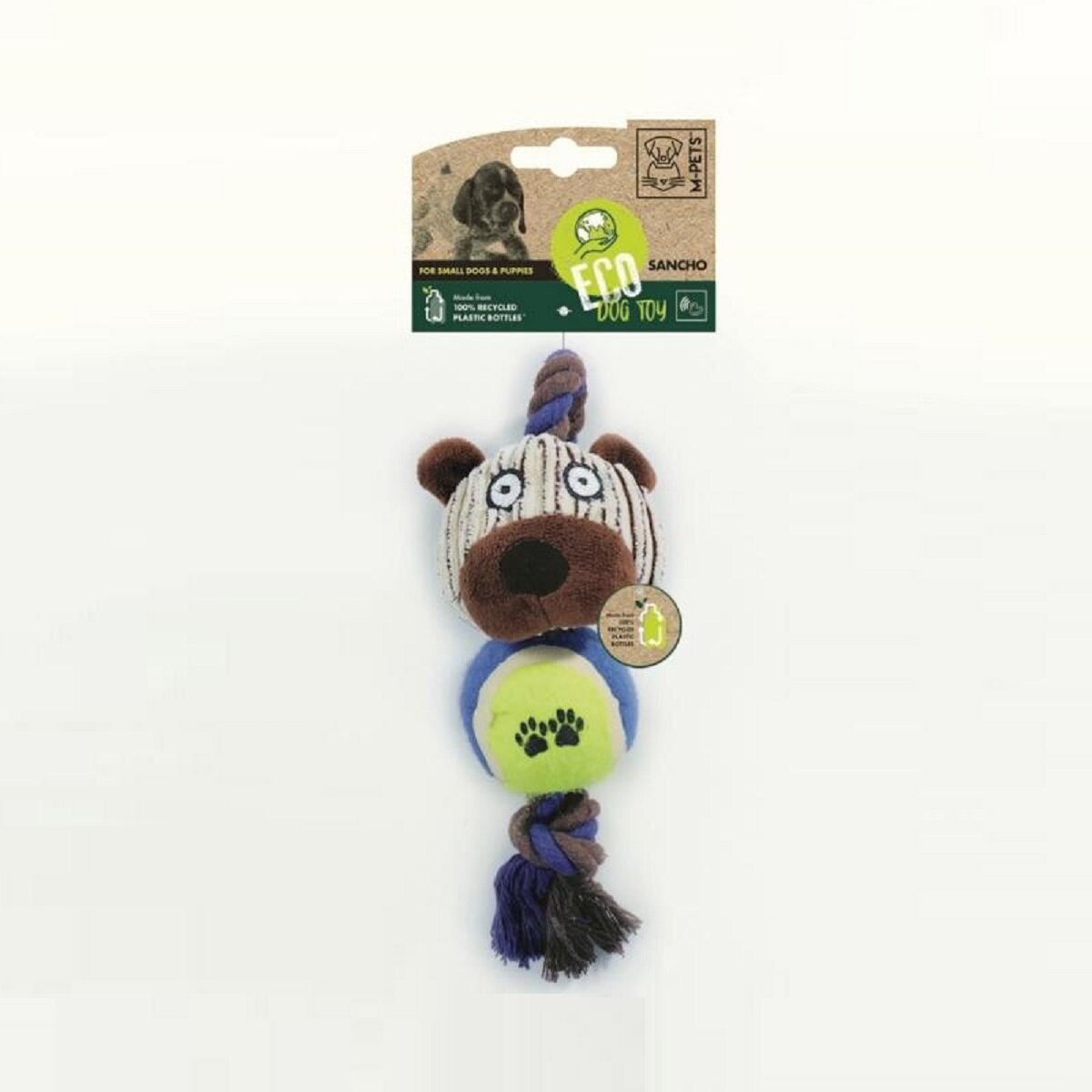 M-PETS Игрушка мягкая для собак Медведь Санч с канатом и мячиком, 24 см