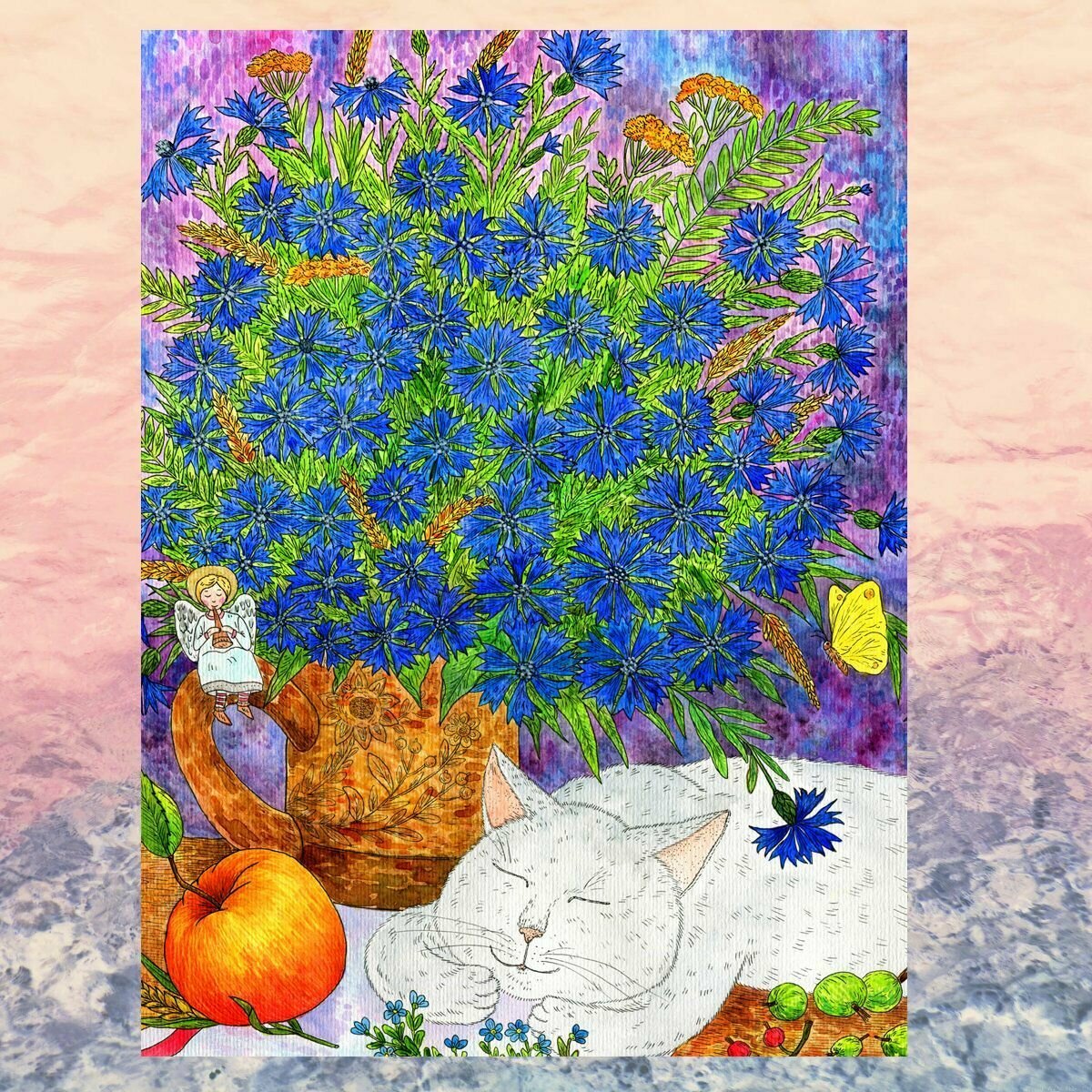 Открытка Белый котик с букетом васильков. Открытка с котом поздравительная с котом и цветами