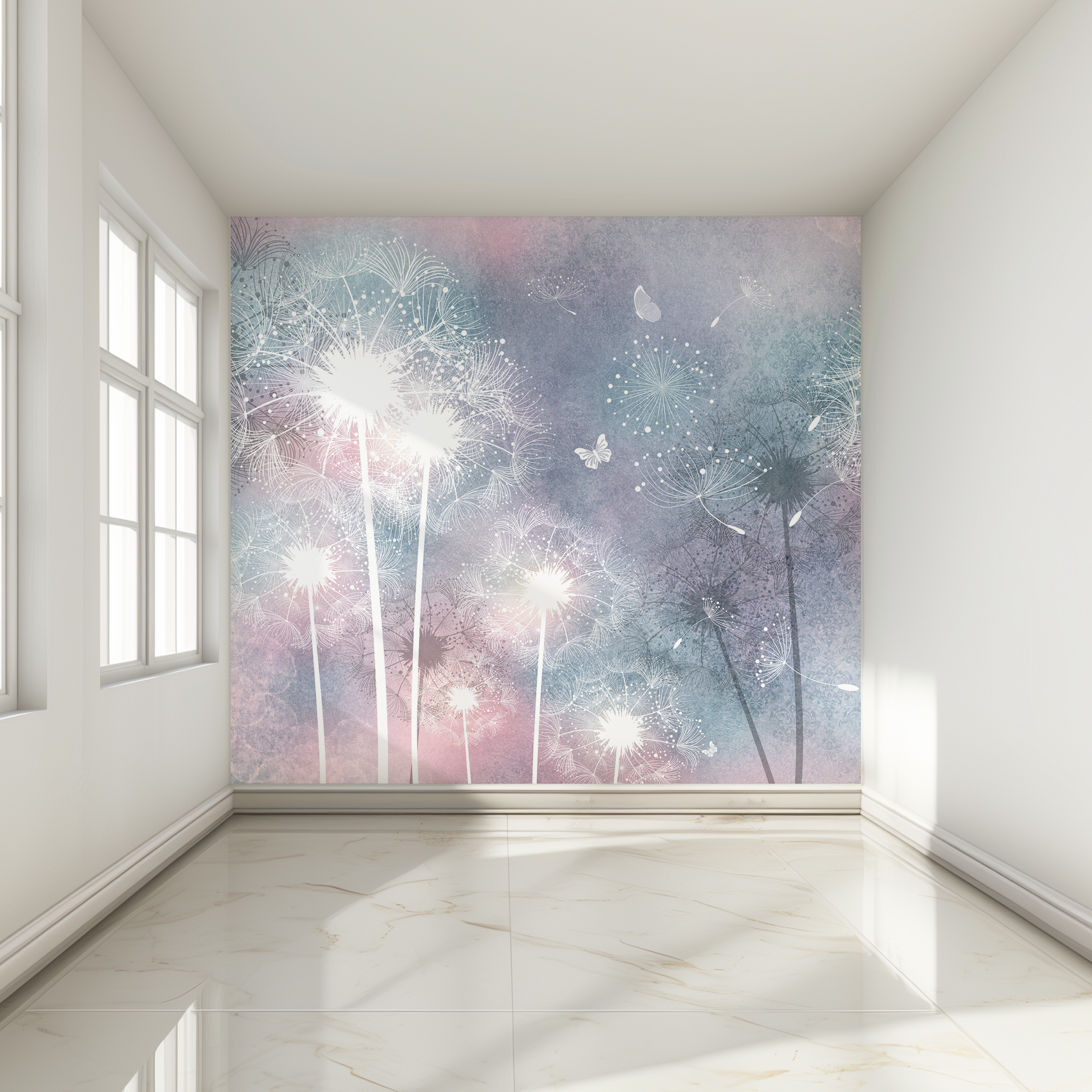 Фотообои 3д на стену "Одуванчики белые", флизелиновые 300х270 см на кухню, спальню, зал