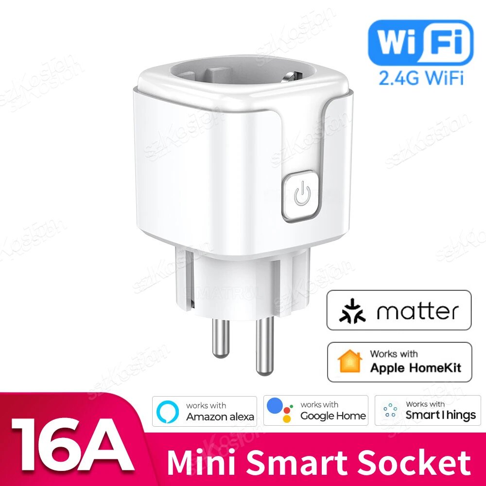 Matter 16A WiFi Smart EU Plug Smart Socket APP Дистанционное управление Функция синхронизации Голос работает с HomeKit Alexa Google Siri