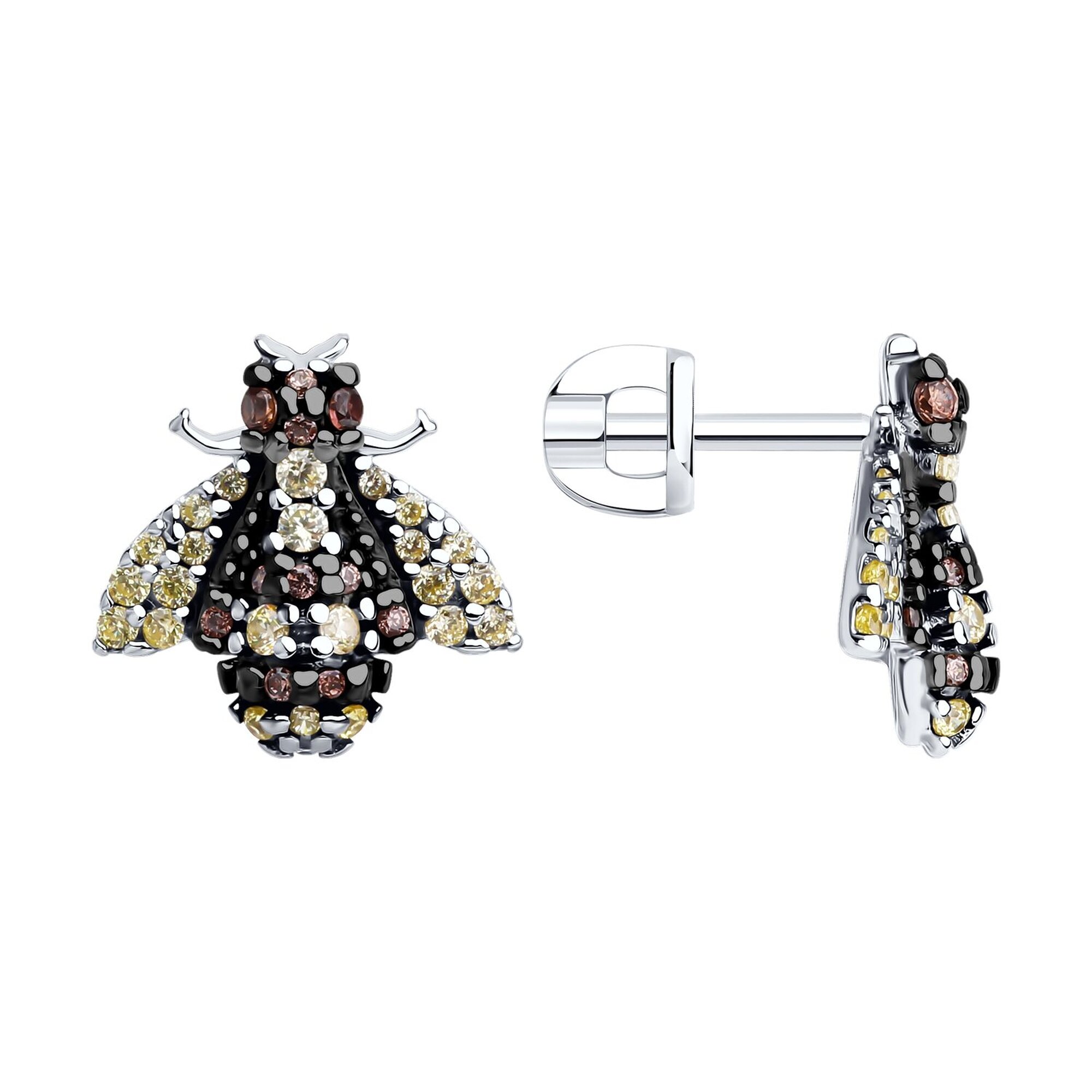 Серьги пусеты, серебро, 925 проба, родирование, фианит