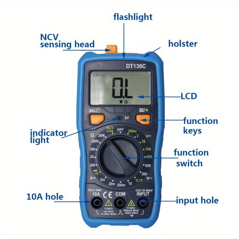 Умный цифровой мультиметр - измерение переменного/постоянного напряжения, сопротивления, звуковая прозвонка, проверка диодов, измерение емкости, определение фазы, измерение температуры, подсветка, бесконтактное определение напряжения (NCV)