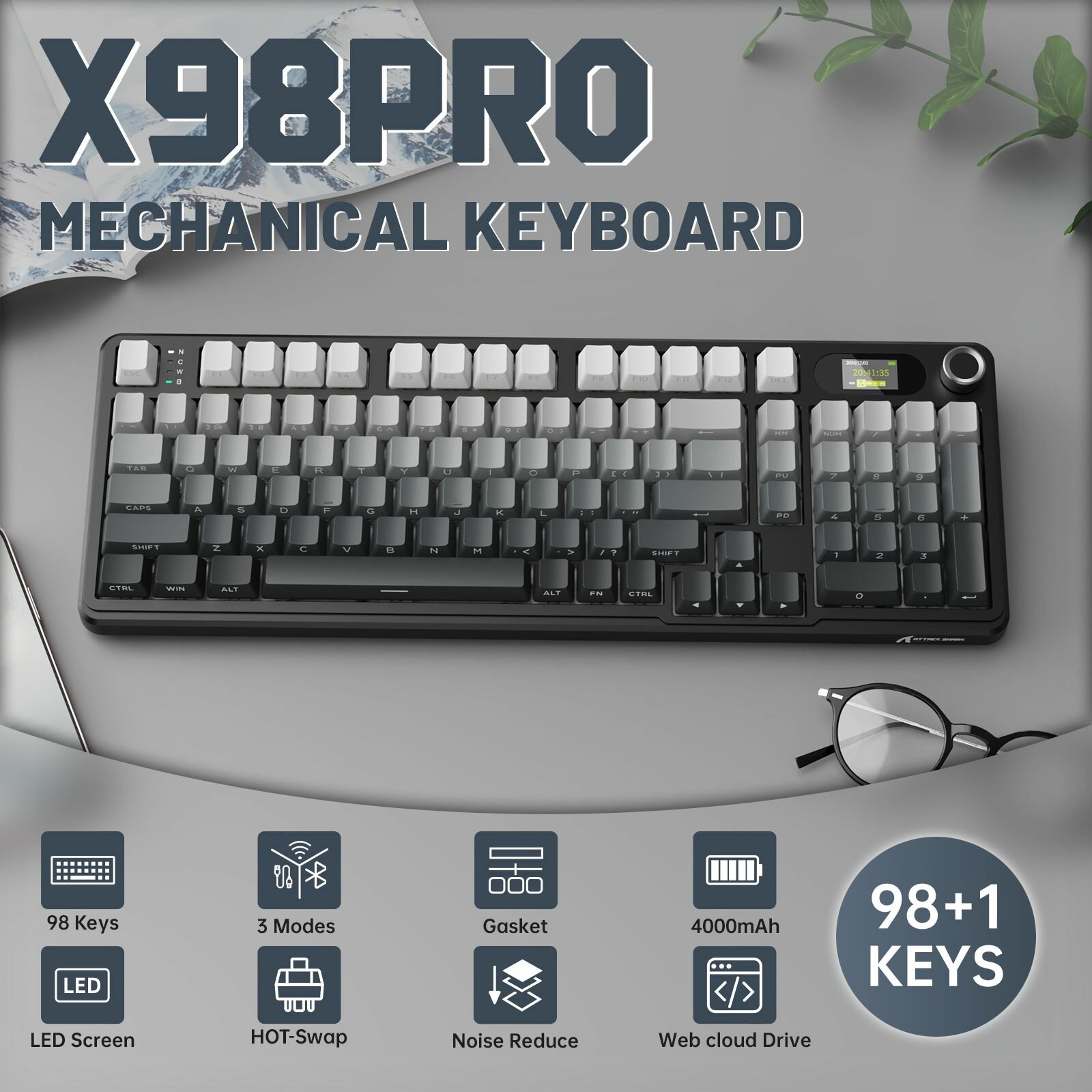 ATTACK SHARK Клавиатура беспроводная X98PRO, (Attack Shark), Английская раскладка, серый