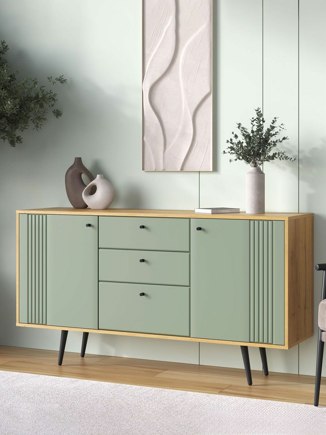 Комод для одежды Вега Саксония с ящиками, с полками, 149х40х80 см, Дуб Крафт золотой / Серо-зеленый