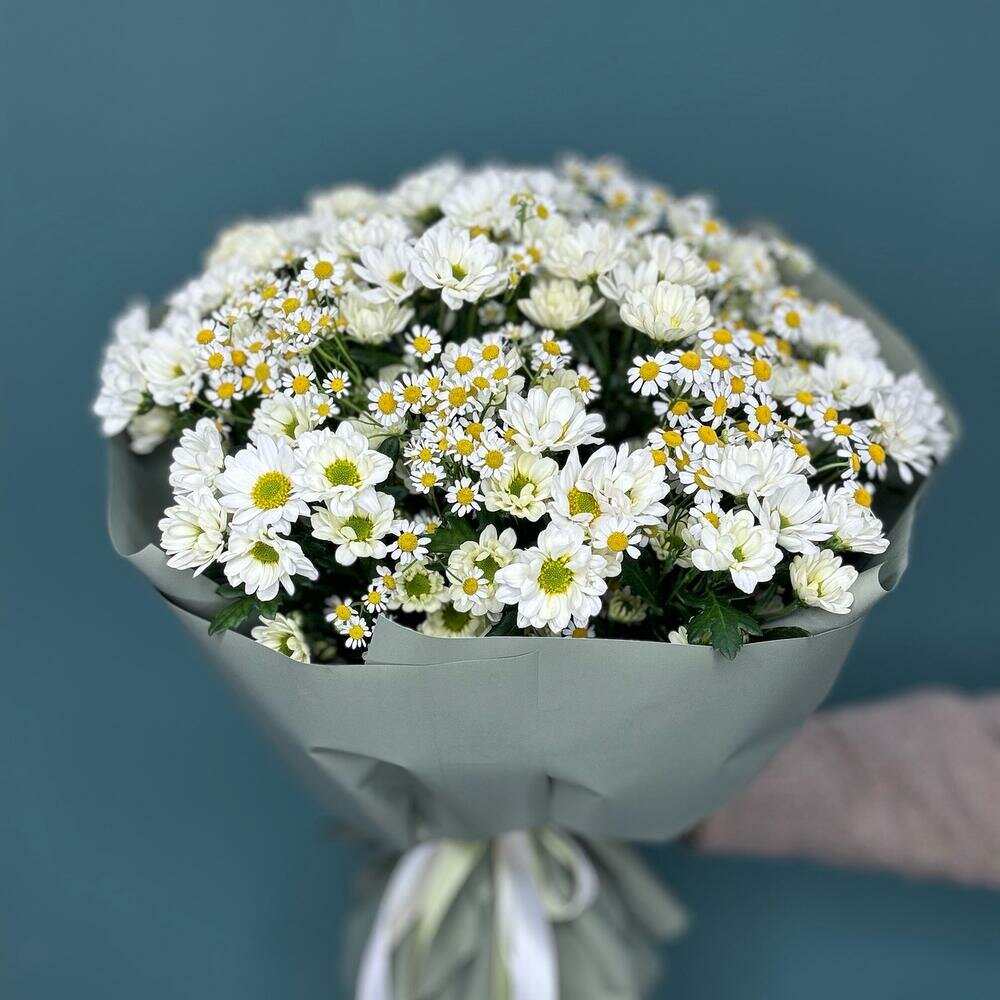 Букет из белых сантини и ромашек (танацетума) в нежной упаковке