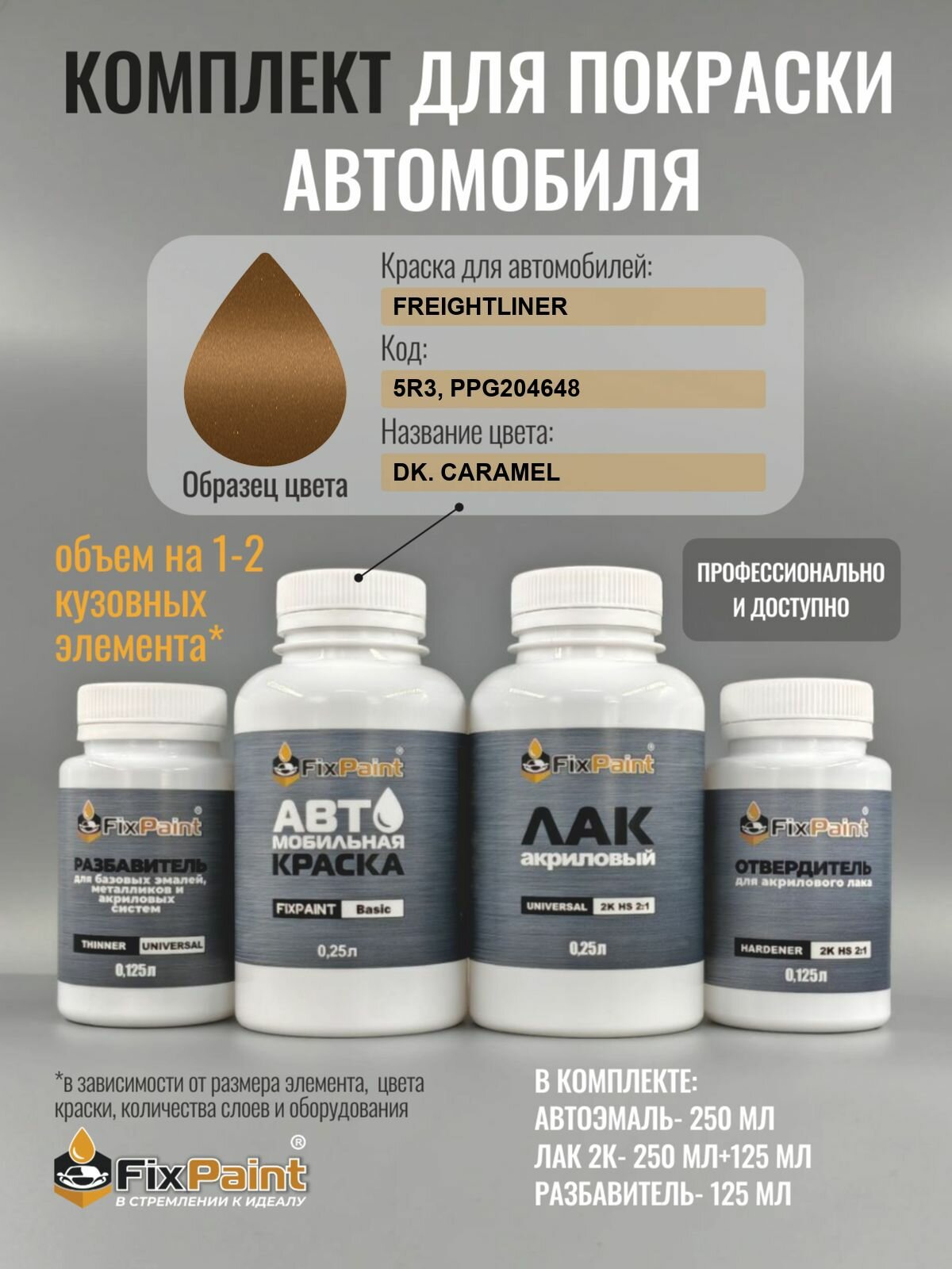 Комплект для покраски FREIGHTLINER, код 5R3, PPG204648, DK CARAMEL, базовая автомобильная эмаль 250 мл, лак 2K 250 мл с отвердителем, разбавитель 125 мл, FixPaint Pro