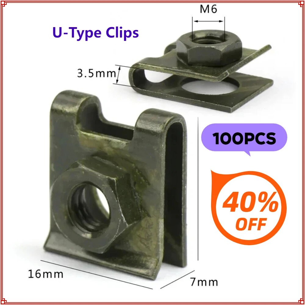 100 шт. U-образные зажимы с гайкой M6 для автомобиля, мотоцикла, скутера, квадроцикла, мопеда, электронного велосипеда, пластиковая крышка, металлический фиксатор, фиксаторы 6 мм