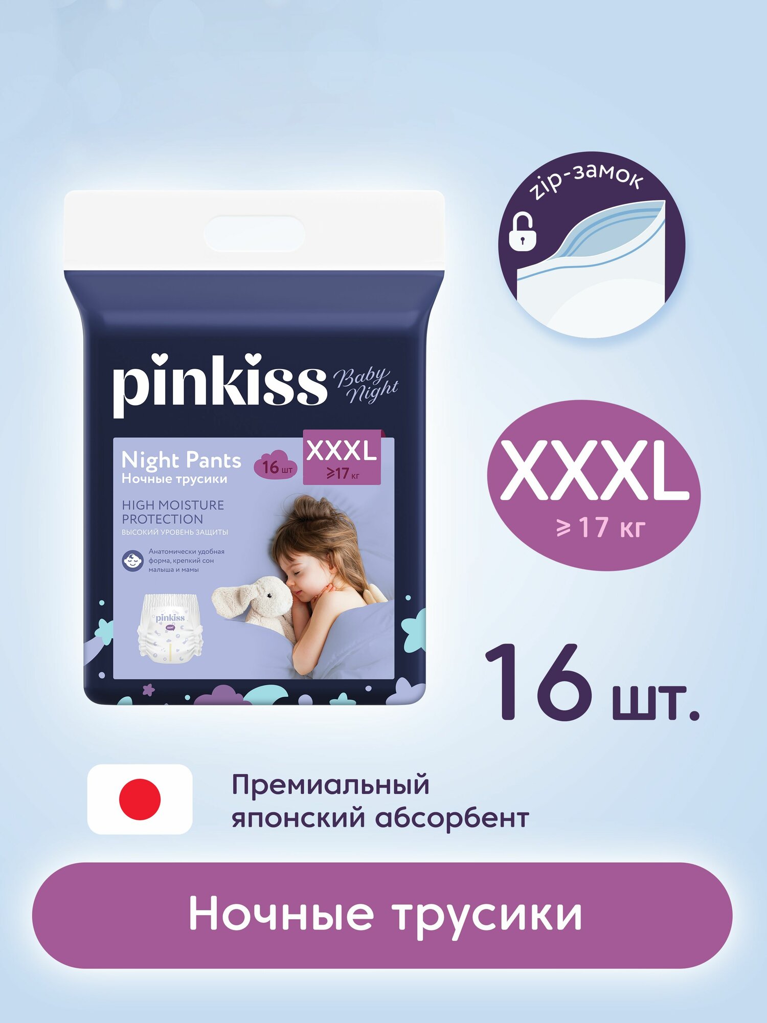 Подгузники-трусики Pinkiss Baby Night Ночные XХХL (17+ кг) 16 шт.