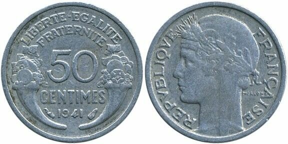 Франция 50 сантимов, 1941 - 1947 Марина XF
