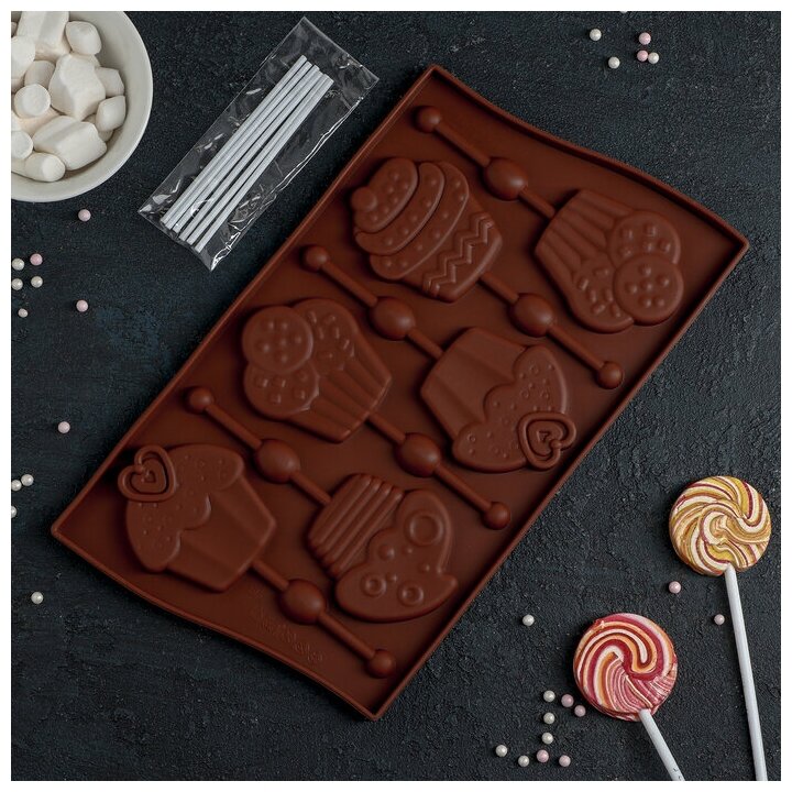 Форма силиконовая для леденцов Доляна «Капкейк», 27,5×16,5 см, 6 ячеек (6×7 см), с палочками, цвет микс