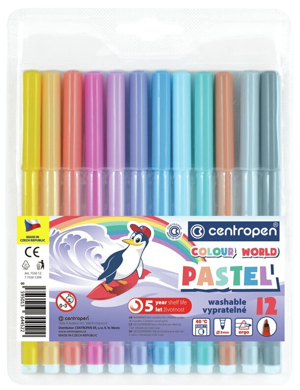 Фломастеры Centropen "Colour World. Pastel", 12цв, трехгранные, 2 мм, смываемые, блистер