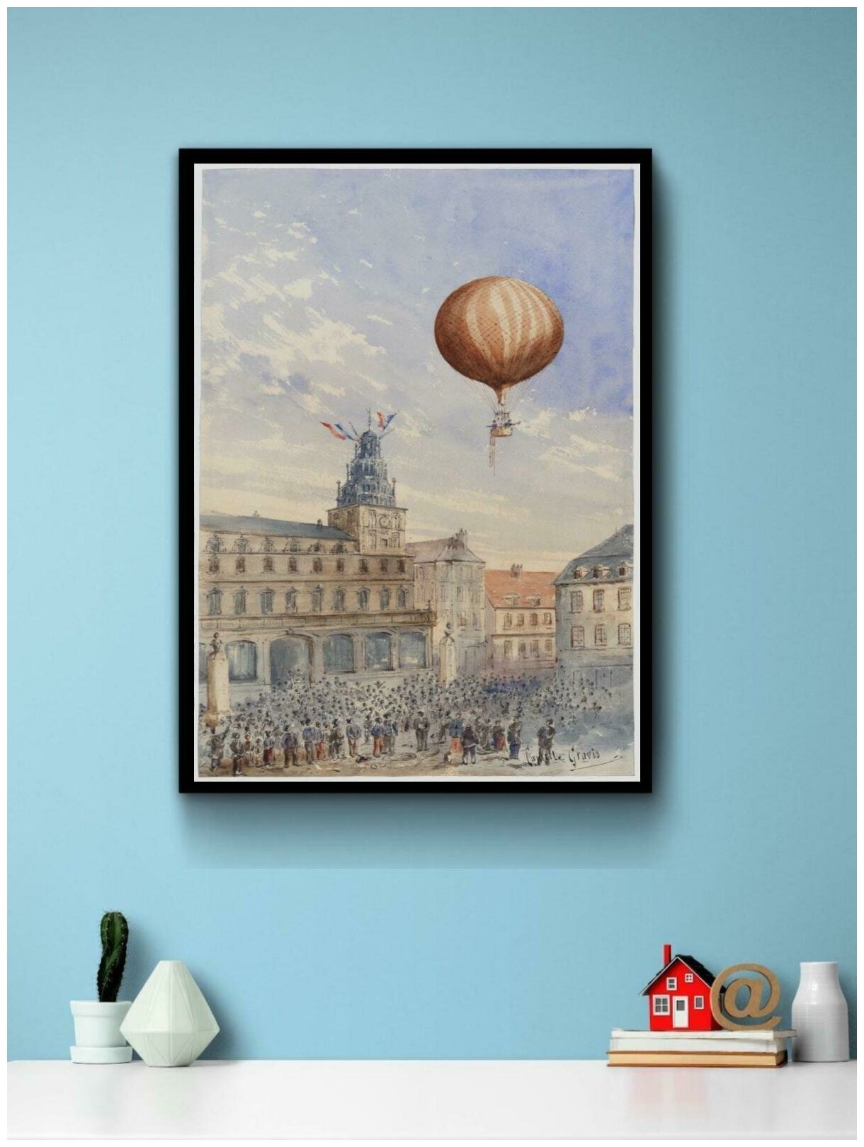 Постер / Плакат / Картина на холсте Воздушный шар над французским городом 50x70 см в подарочном тубусе