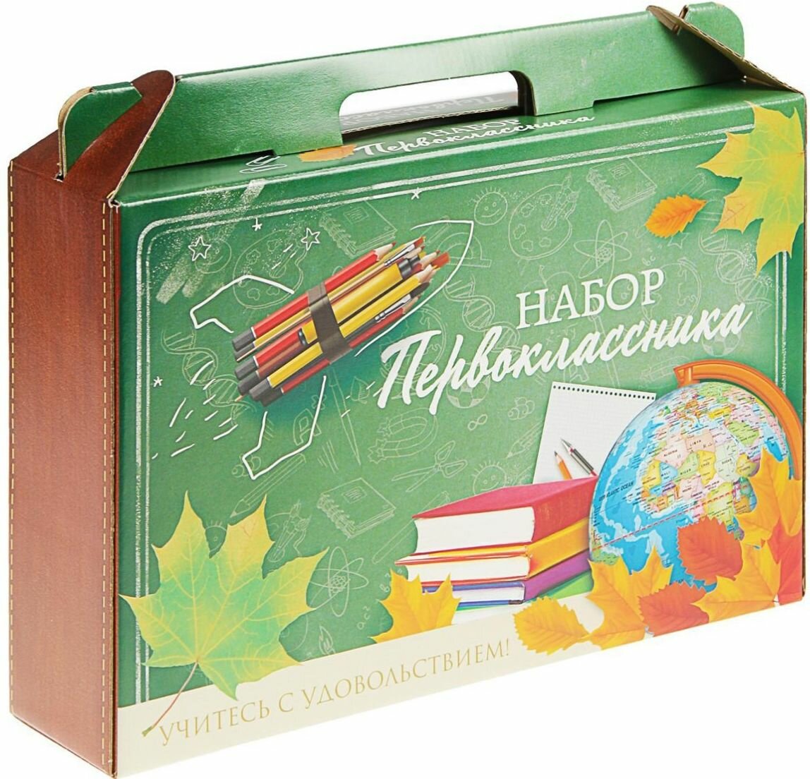 Набор первоклассника в коробке-чемоданчике, 42 предмета, в комплекте тетради в клетку и линейку, ручки и карандаши, набор для рисования и лепки, цветная бумага и картон, канцелярские принадлежности