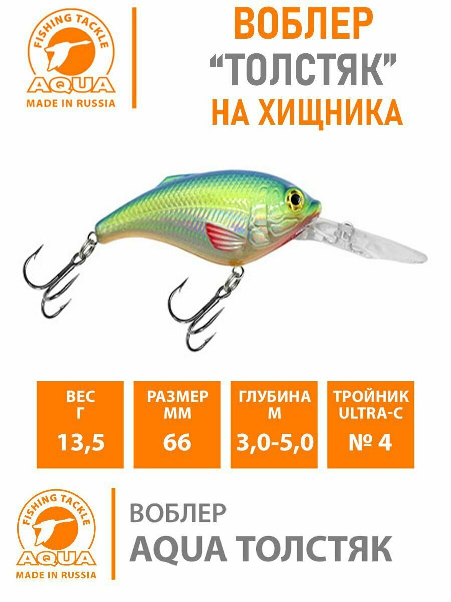 Воблер для рыбалки AQUA толстяк DR 66mm, цвет 105 (желто-синий серебристик), 1 штука