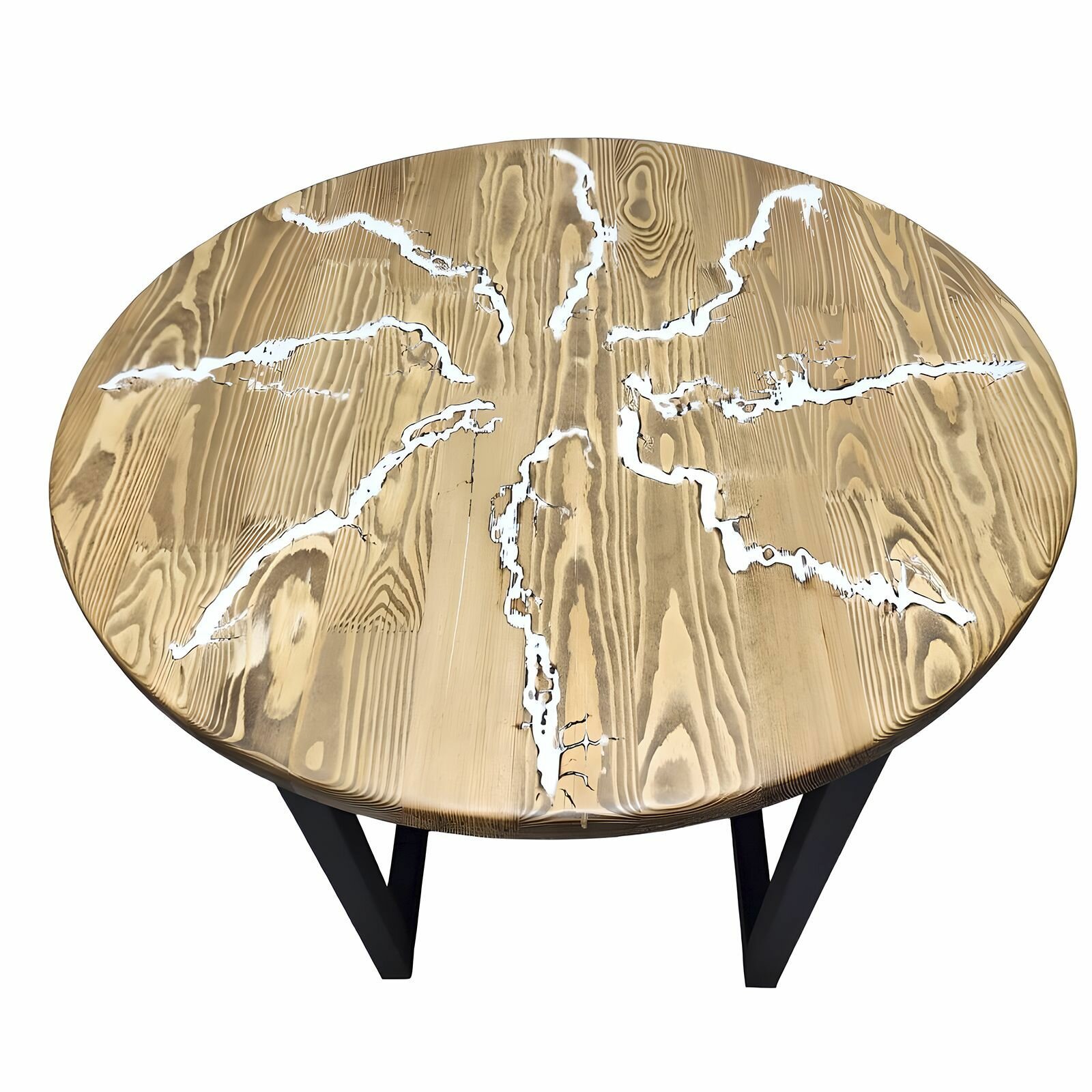 Стол обеденный из массива сосны на металлическом подстолье с рисунком из эпоксидной смолы, Лофт