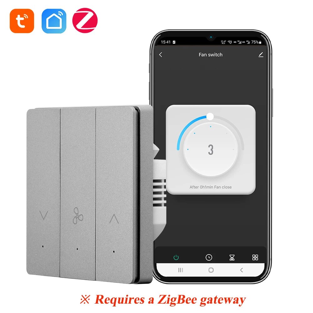Tuya Zigbee Умный выключатель для вентилятора 5 скоростей ZigBee, Grey