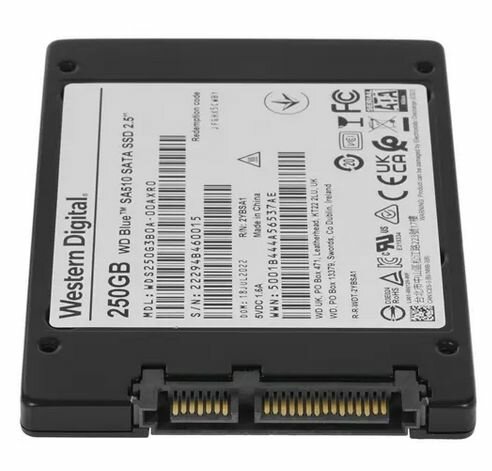 250 ГБ 2.5" SATA накопитель WD Blue SA510 (WDS250G3B0A) - SATA, чтение - 555 Мбайт/сек, запись - 440 Мбайт/сек, 3D NAND, 3 бит TLC