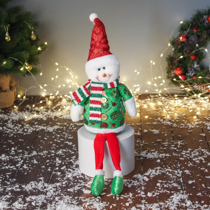 Игрушка мягкая «Снеговик в сияющем костюме с длинными ножками» 42×19 см, красно-зелёный