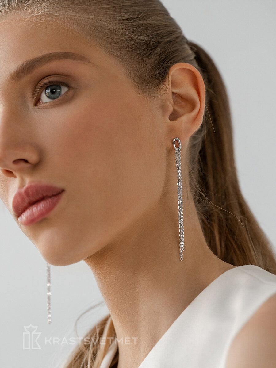 Серьги двусторонние, цепочки, серебро, 925 проба, родирование