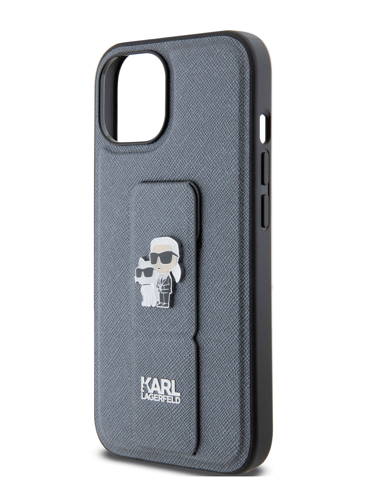 Lagerfeld для iPhone 15 чехол GripStand PU Saffiano NFT Karl & Choupette metal Hard Silver