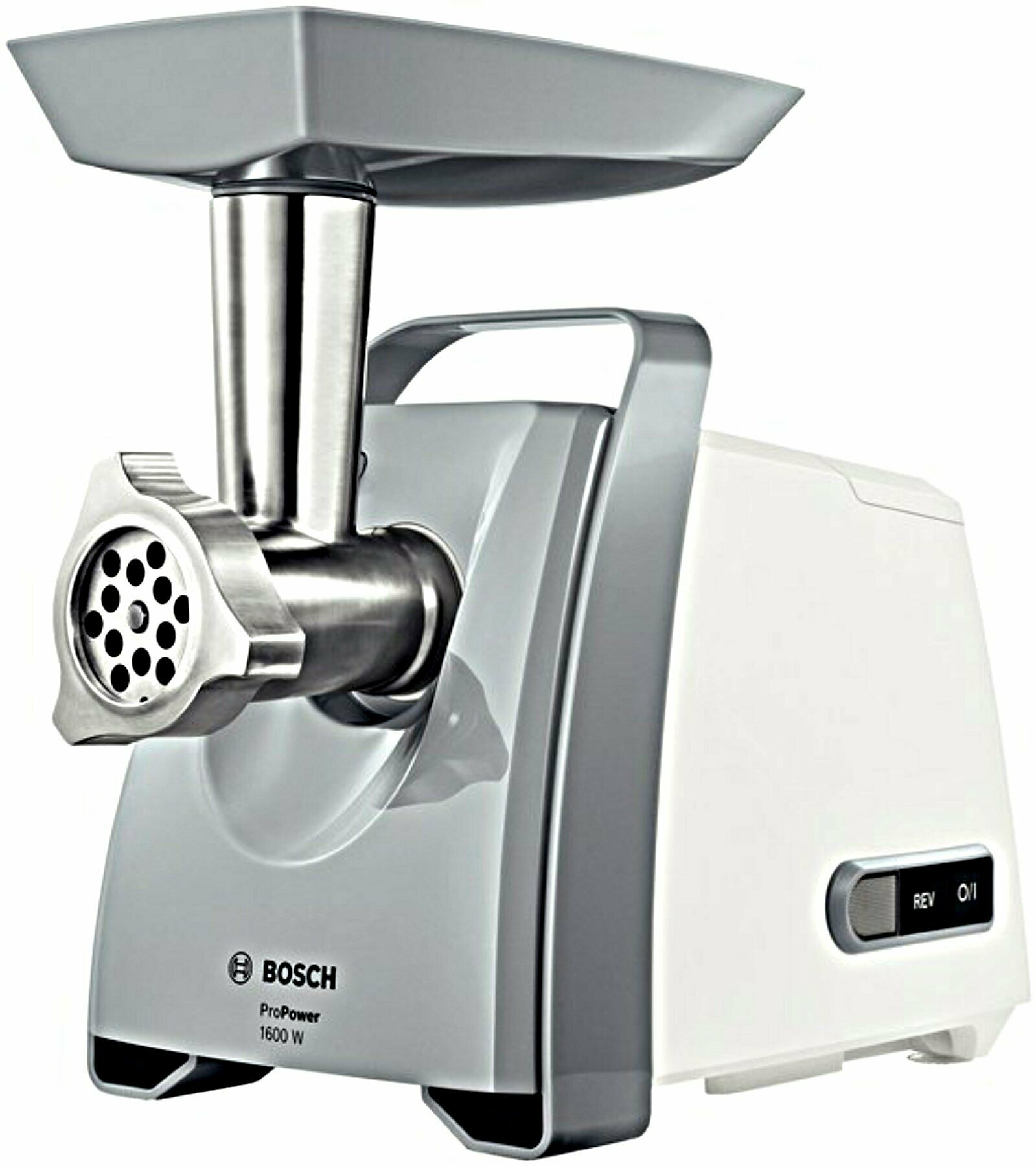 Мясорубка Bosch MFW45020, белая, 500 Вт, 2 насадки, система реверса, универсальный толкатель, хранение насадок