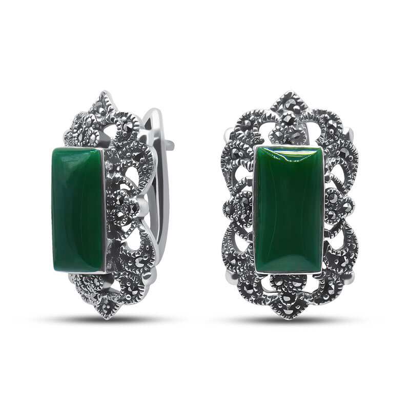 Серьги, серебро, 925 проба, марказит, агат