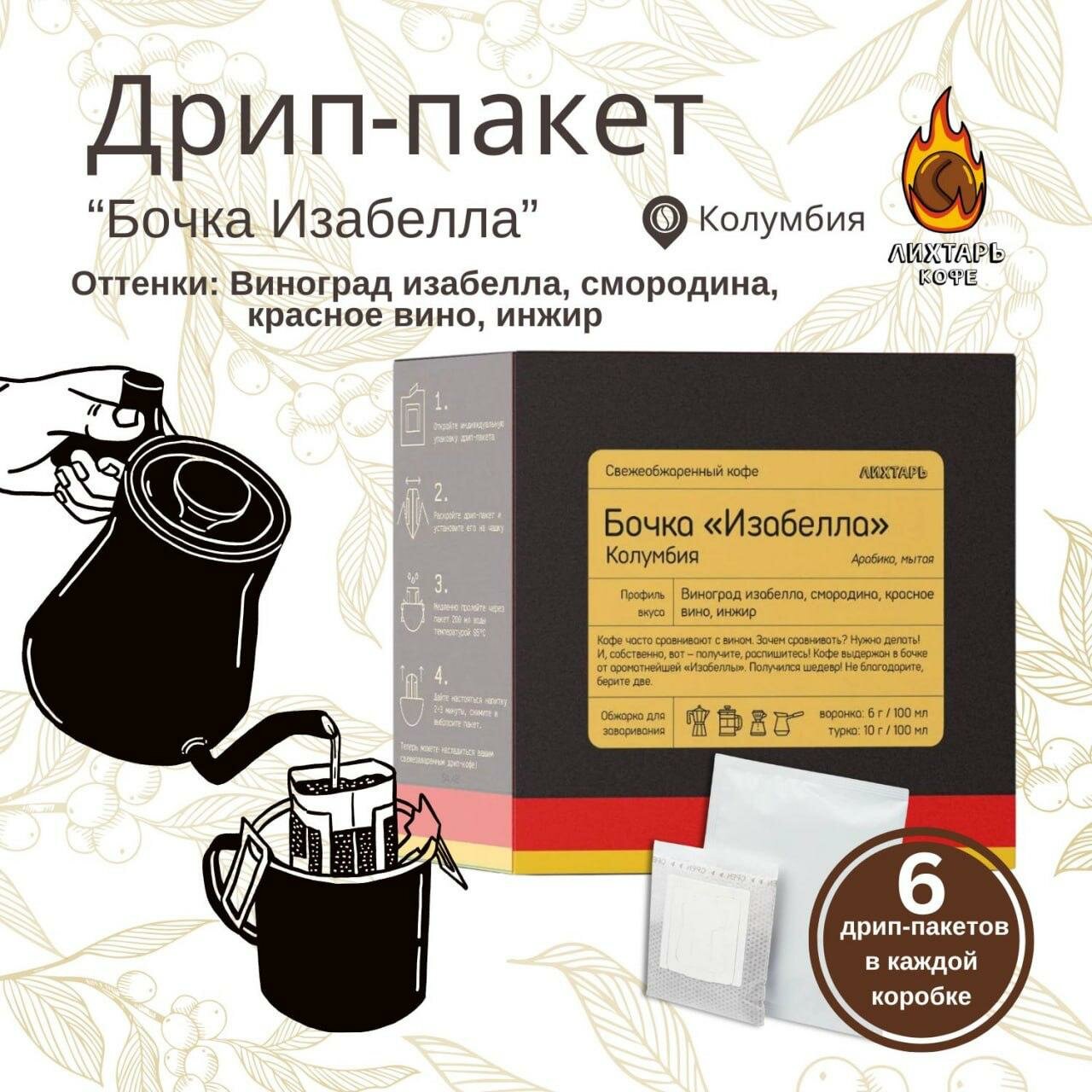 Кофе молотый в дрип-пакетах, 6шт, "Бочка Изабелла", арабика 100%, 10,5 гр, Лихтарь Кофе