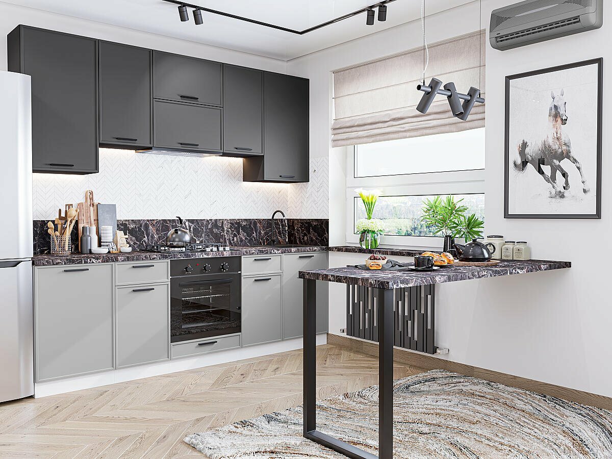 Кухня Фрейм-05, цвет фасада Stormy Silk/Grey Silk, цвет каркаса Graphite/Белый, 2340*2400*600 мм