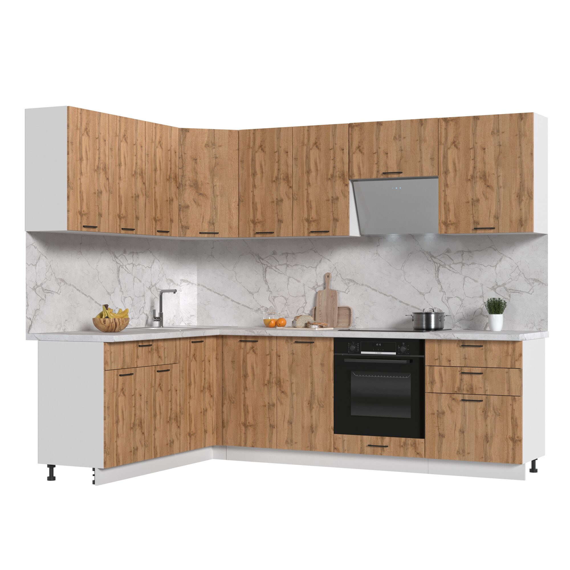 Кухонный гарнитур угловой, без столешницы, Кухня Венера, 180х260см Белый/Вотан