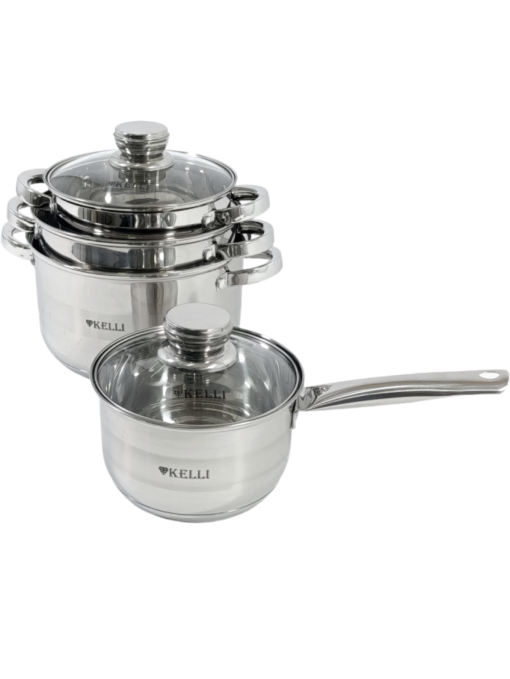 KELLI KL-4213, Посуда из 8-ми предметов: 2,1л, 2,7л, 3,7л, 5л, стеклянные крышки