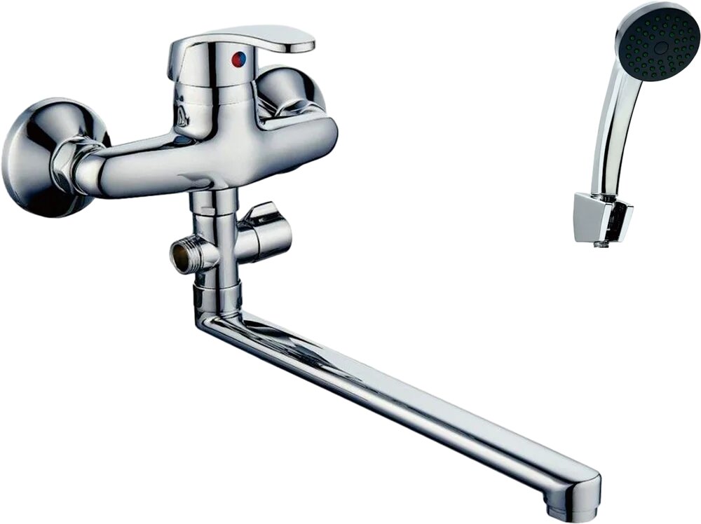 Смеситель с длинным изливом для ванны D-lin 302-2 D140302-2 с душевым гарнитуром, поворотный, металлический, хром, глянцевый, смеситель для ванны с душем, рычажный, с настенным держателем